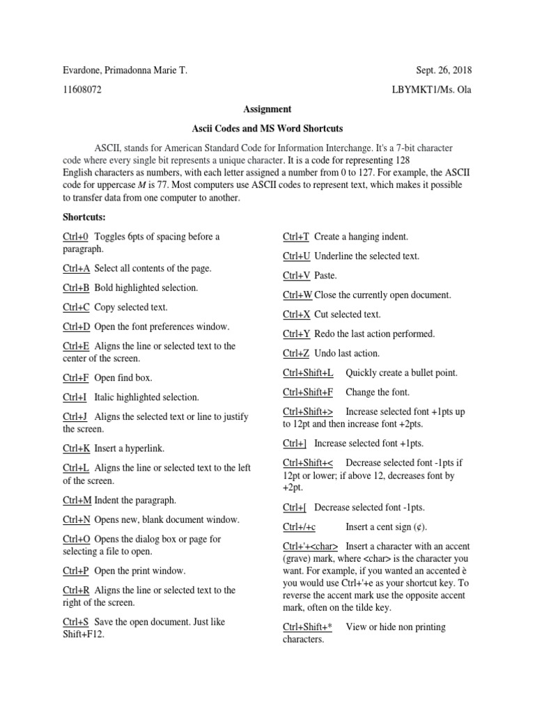 Ascii Codes and Word Shortcut | PDF | Microsoft Word | Ascii