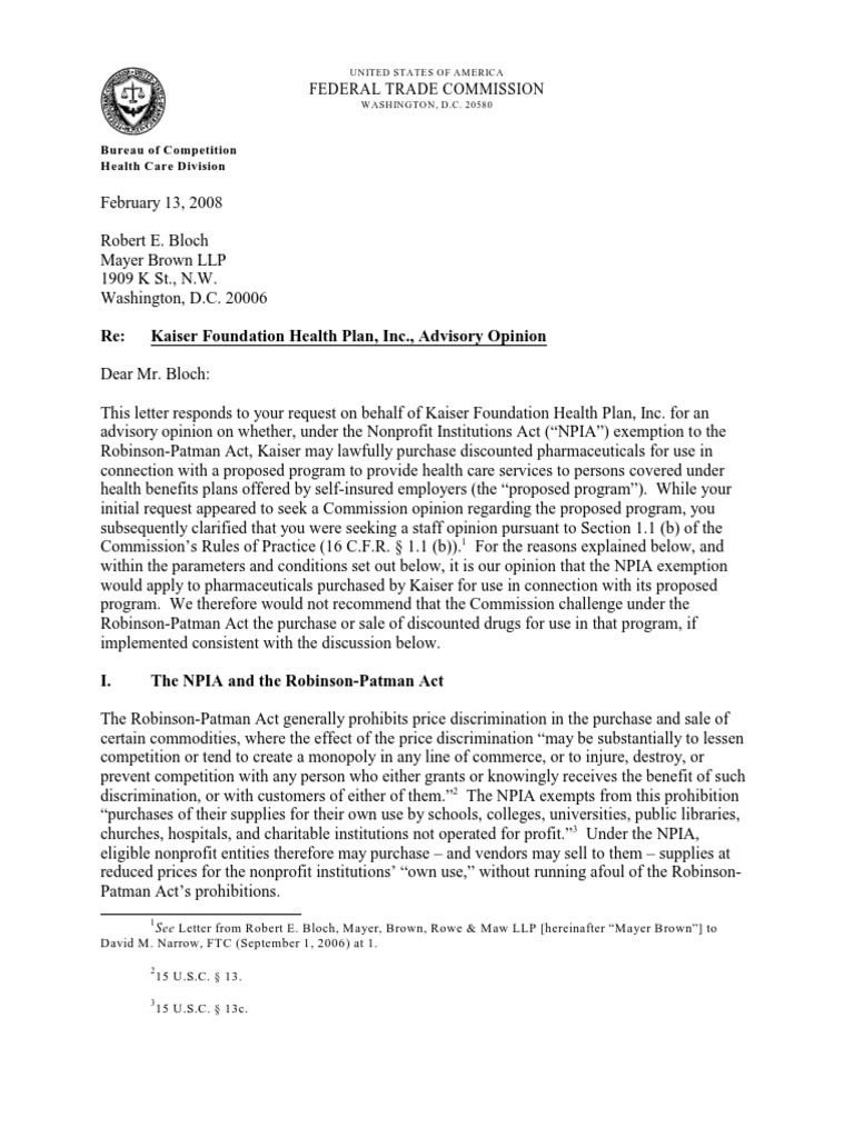 Re: Kaiser Foundation Health Plan, Inc., Advisory Opinion: Federal ...