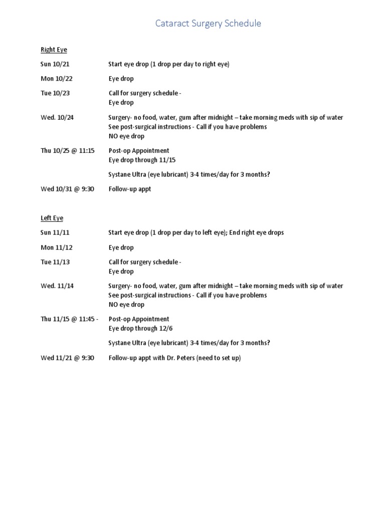 Cataract Surgery Schedule and Instructions | PDF