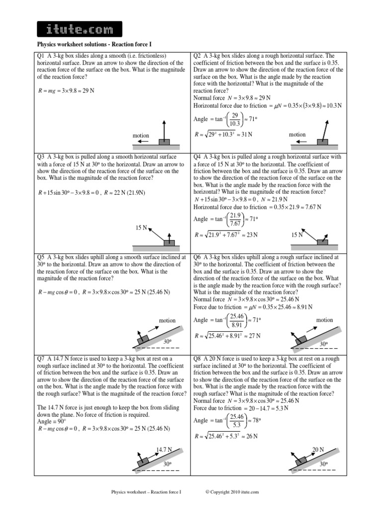 Physics Worksheet Solutions Reaction Force I | PDF | Friction | Force