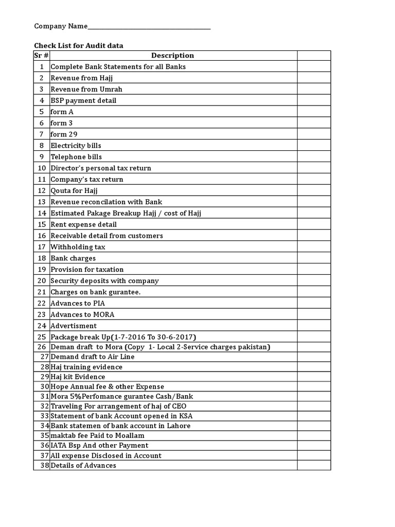 Check List For Audit Data SR# Description | PDF