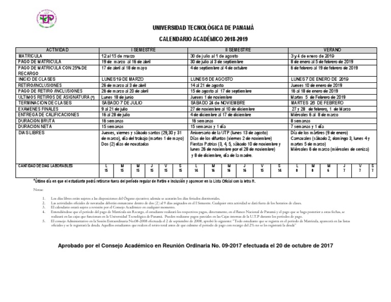 Utp Calendario Academico 2018 2019 | PDF | Calendario