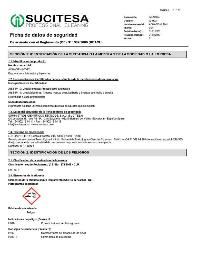 Aquagen TMC HDS | PDF | Seguridad y salud ocupacional | Dióxido de carbono