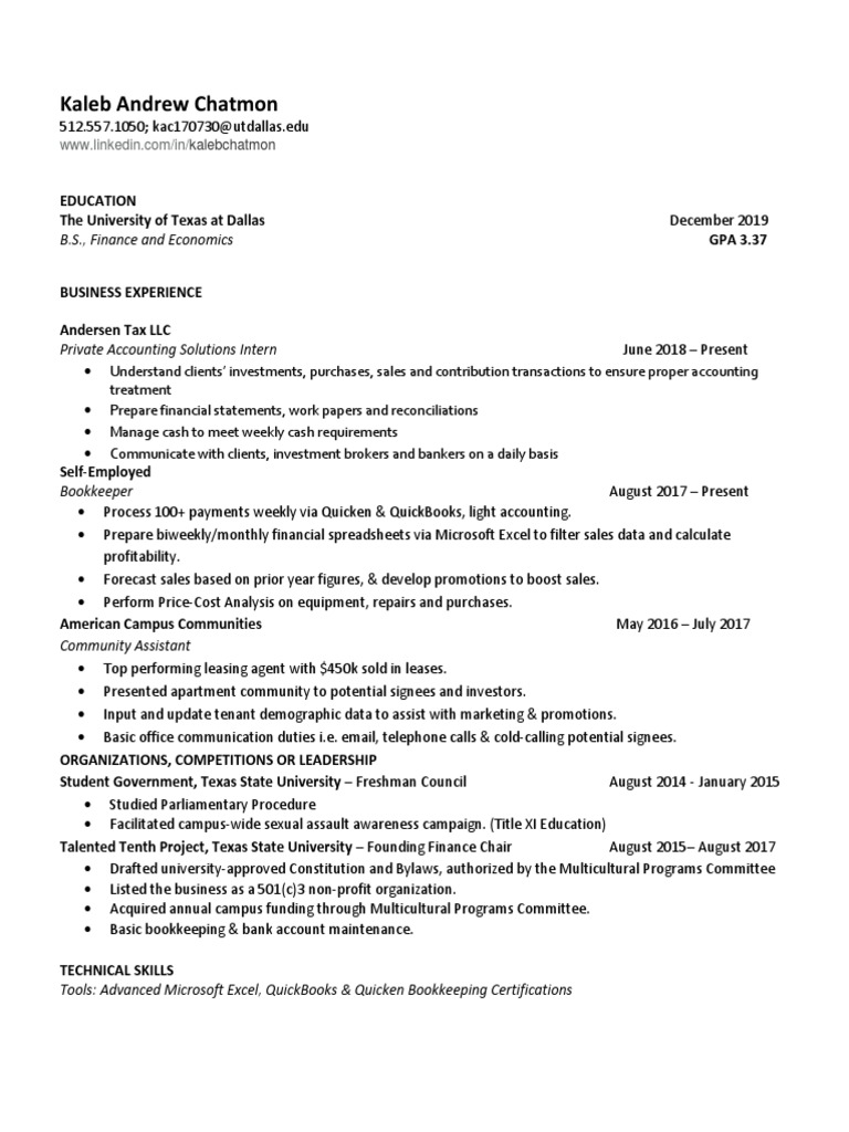 Kaleb Andrew Chatmon: B.S., Finance and Economics | PDF | Quick Books ...
