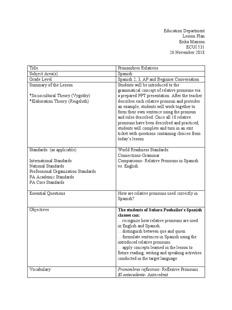 Spanish Relative Pronouns Lesson | PDF | English Language | Spanish ...