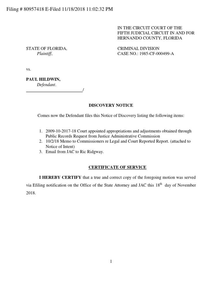 Notice of Discovery in Paul Hildwin Adv State of Florida With JAC ...