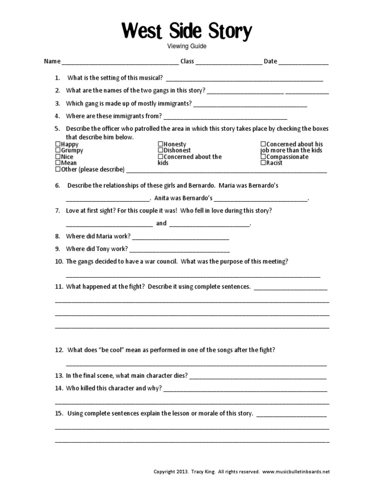Westside Story Musical Viewing Guide Worksheet | Leisure | Violence