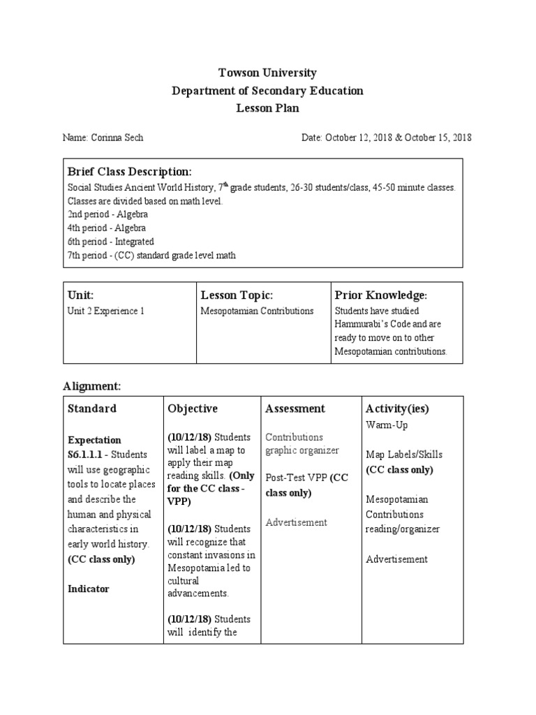 Lesson Plan 10 2f12-15 2f18 | PDF | Mesopotamia | Behavior Modification