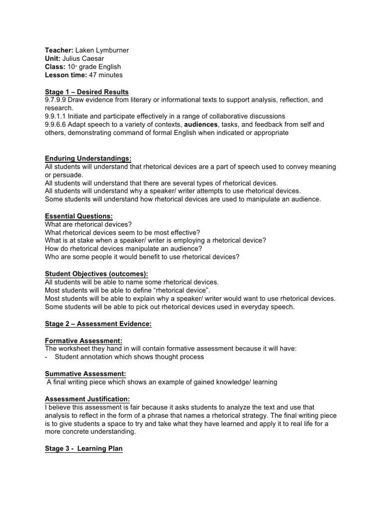 Julius Caesar Lesson Plan | PDF | Educational Assessment | Rhetoric