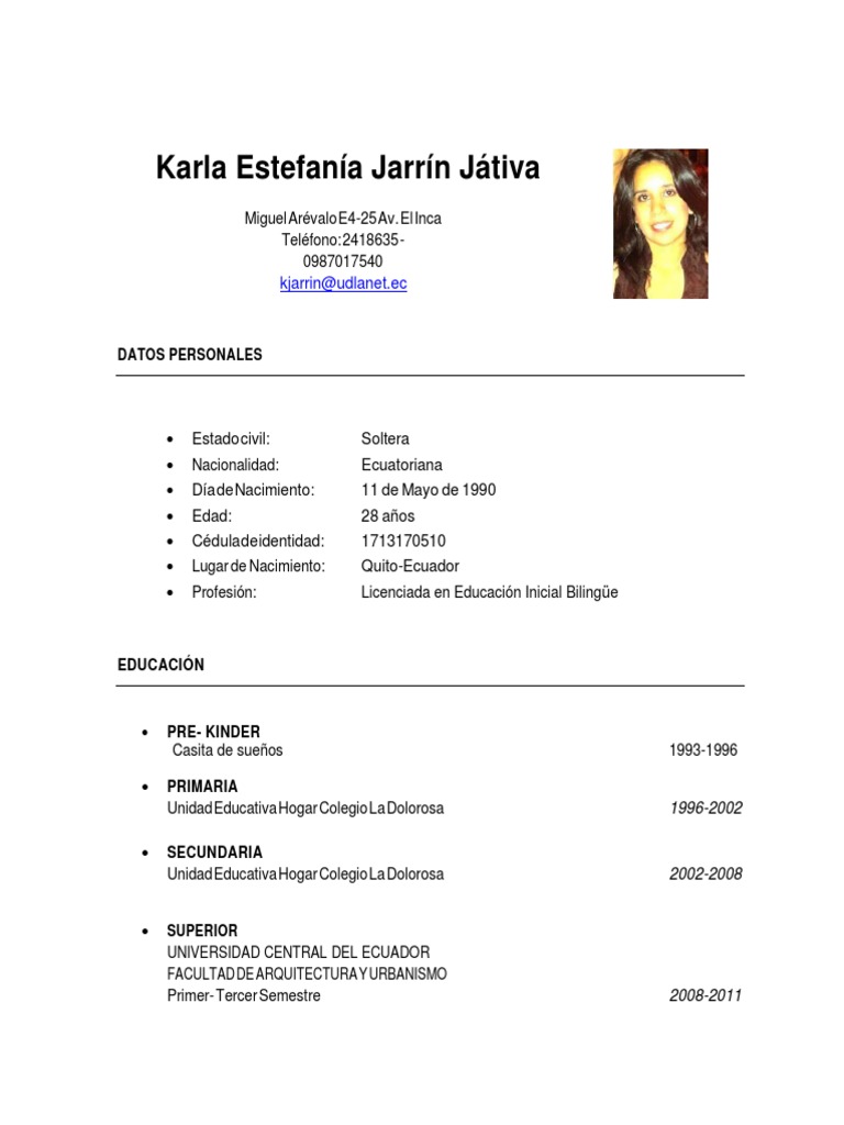 Hoja de Vida KARLA JARRÍN PDF | PDF | Educación de la primera infancia ...
