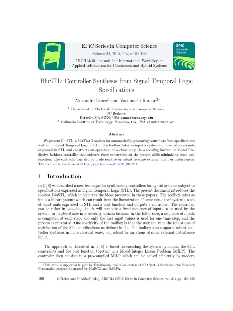 Blustl Controller Synthesis From Signal Temporal Logic Specifications Pdf Control Theory