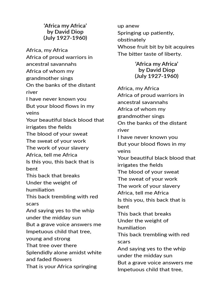 David Diop's 'Africa My Africa' Poem | PDF | Nature