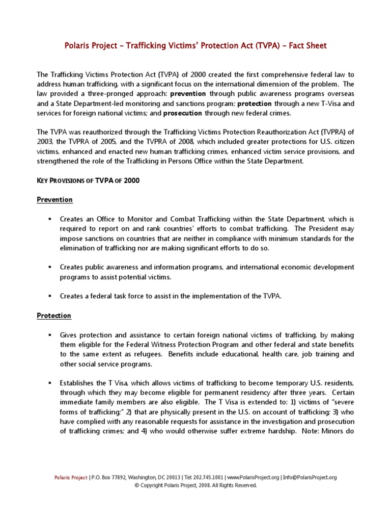 TVPA Fact Sheet, Polaris Project | PDF | Human Trafficking | Federal ...