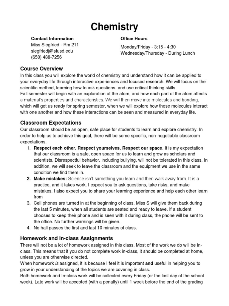 00 Chemistry Syllabus | PDF | Homework | Learning