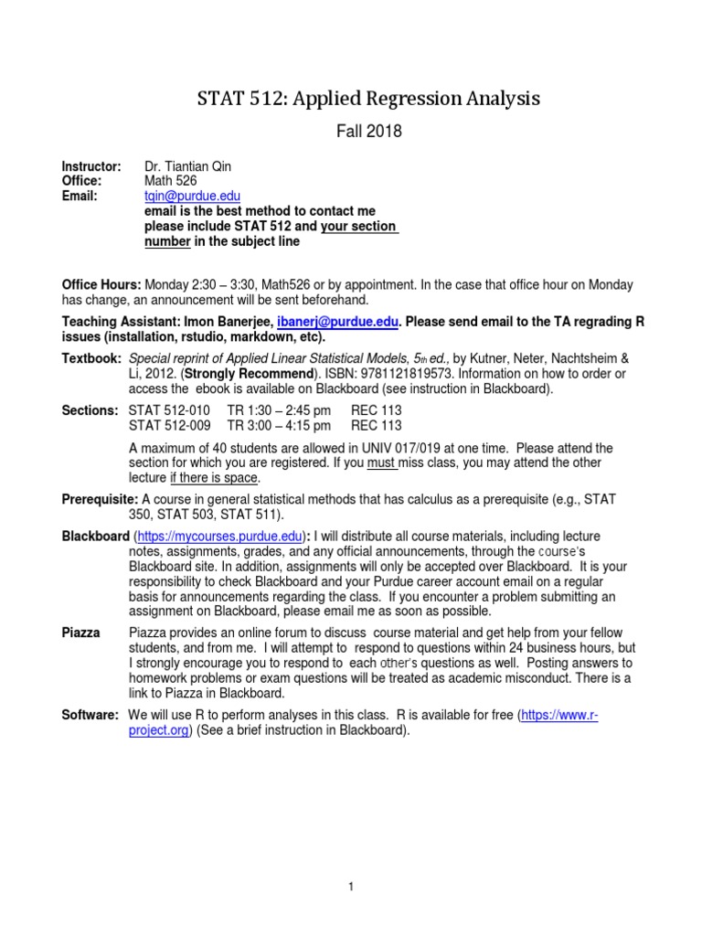 STAT 512: Applied Regression Analysis: Fall 2018 | PDF | Regression Analysis | Linear Regression