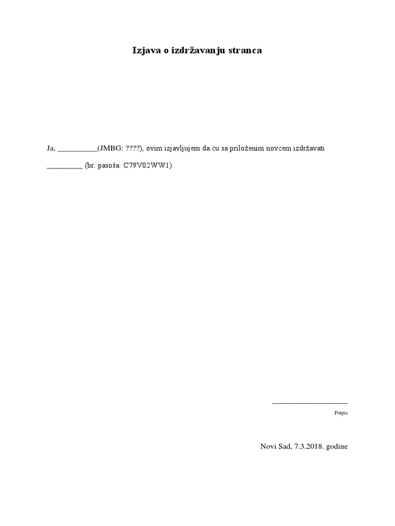 Izjava o izdržavanju stranca | PDF