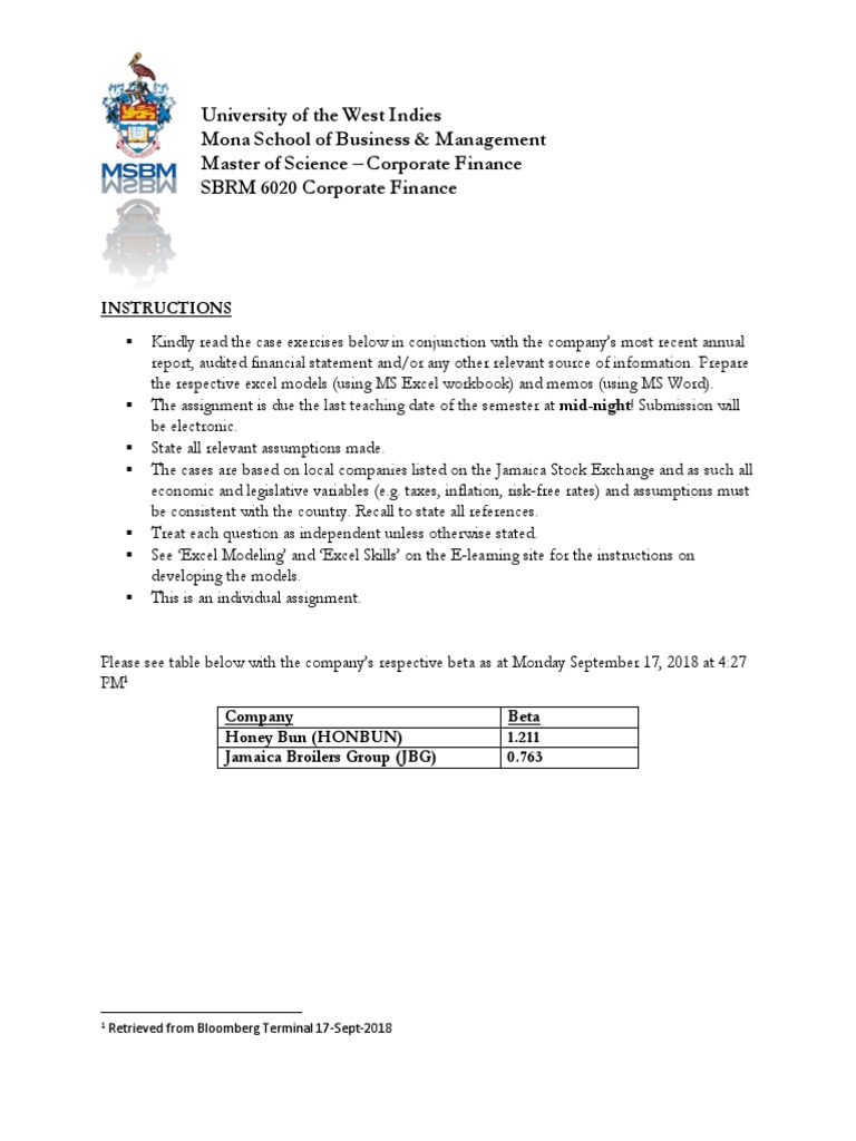 UWI - MSC Corp Finance - SBRM6020 - Corporate Finance - Excel Models ...