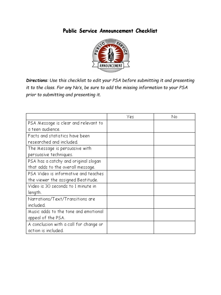 Psa Beatitude Project Checklist | PDF