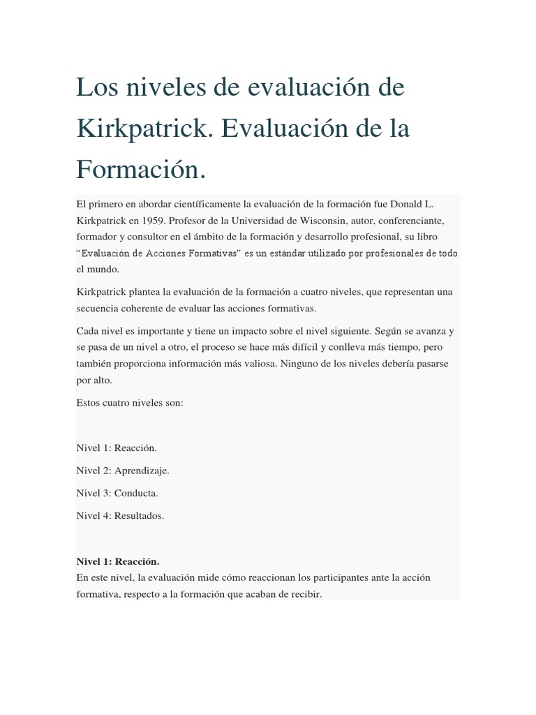 Los Niveles de Evaluación de Kirkpatrick | PDF | Evaluación | Evolución
