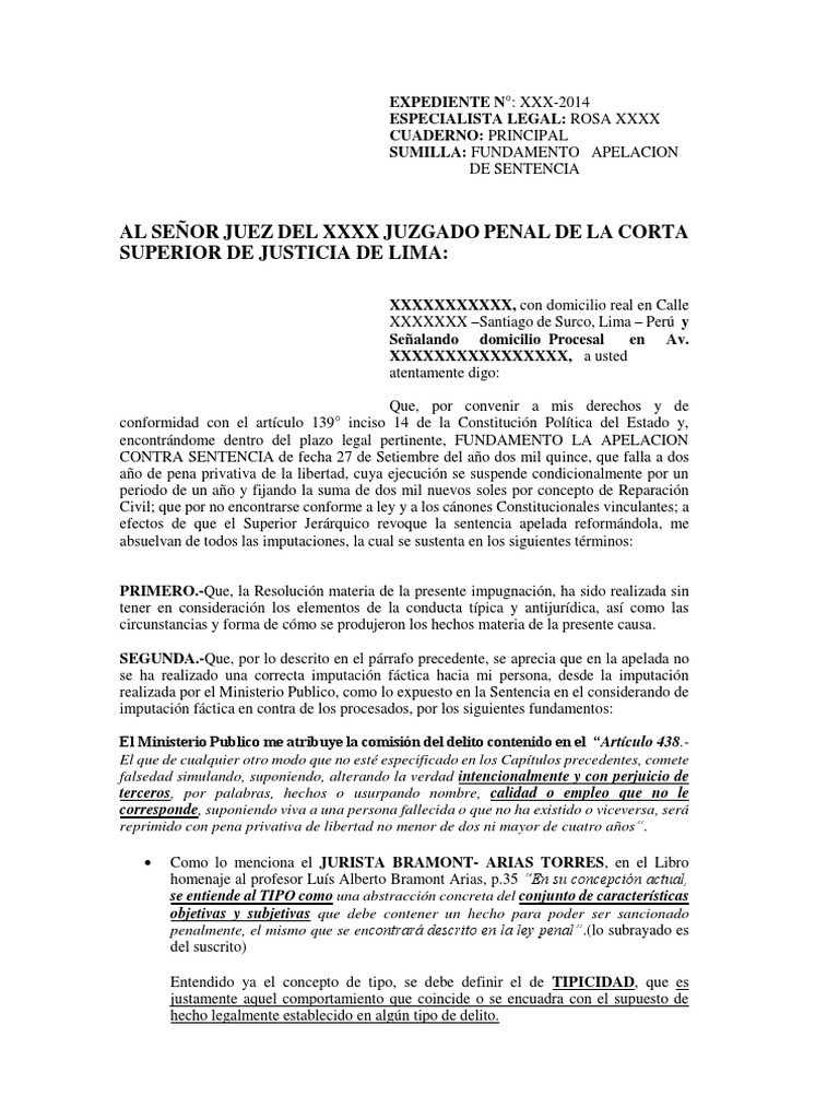 Escrito de Apelacion Modelo | PDF | Derecho penal | Verdad