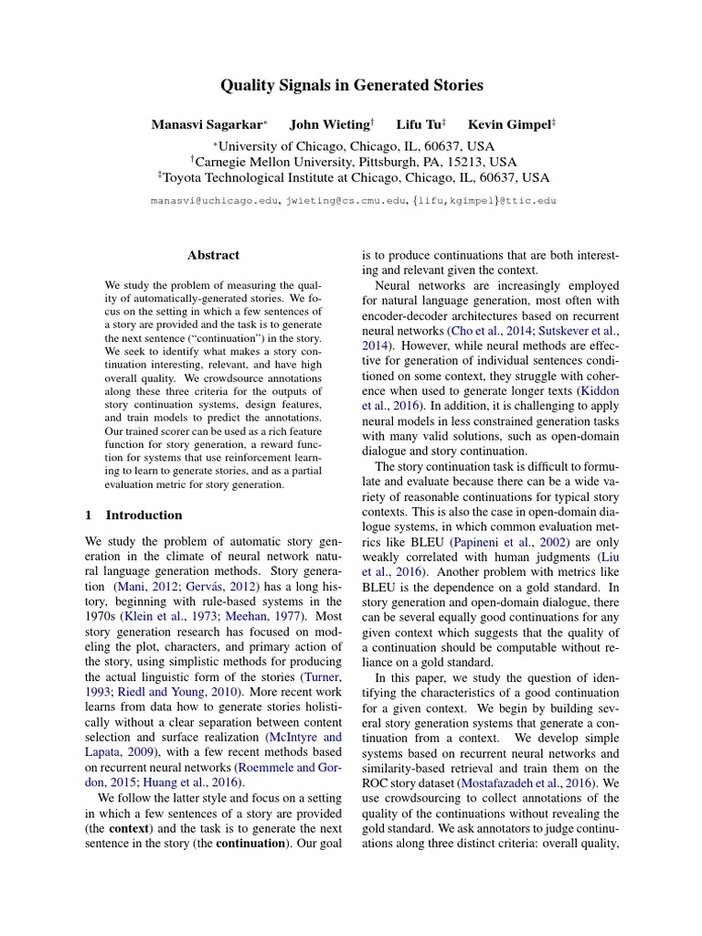 Quality Signals in Generated Stories | PDF | Crowdsourcing | Artificial ...