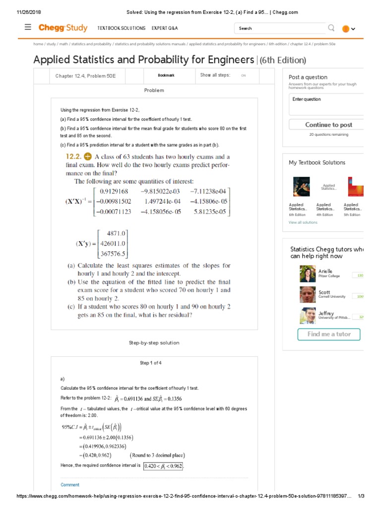 Solved Using The Regression From Exercise 12 2 A Find A 95 Pdf Confidence Interval 