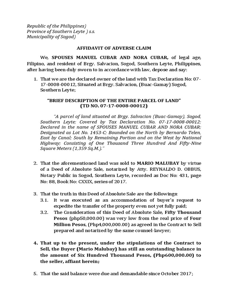 Adverse Claim | PDF | Notary Public | Common Law