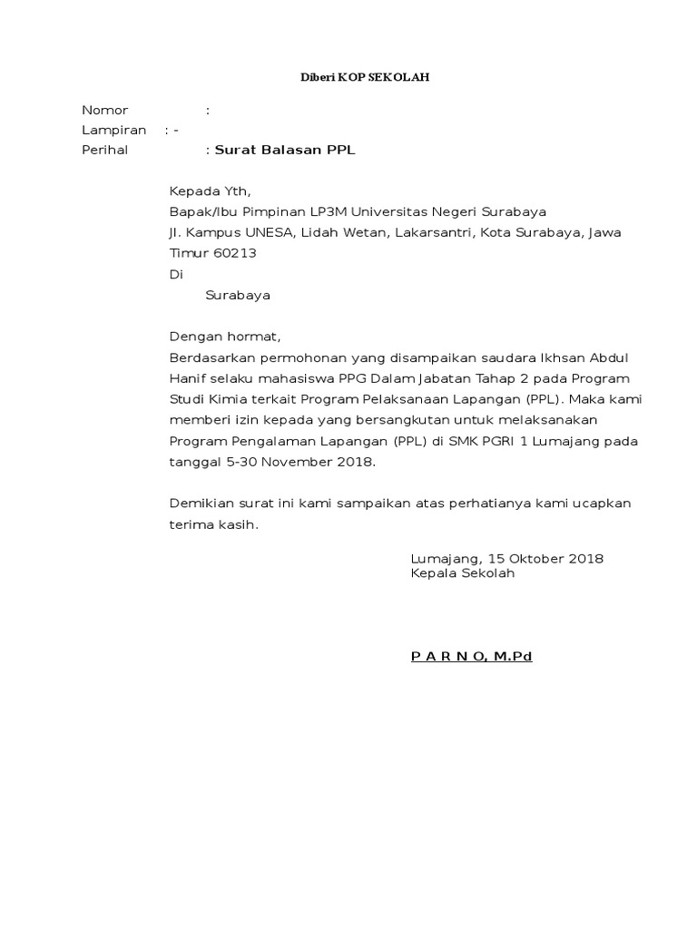 Surat PPL Ke Unesa | PDF