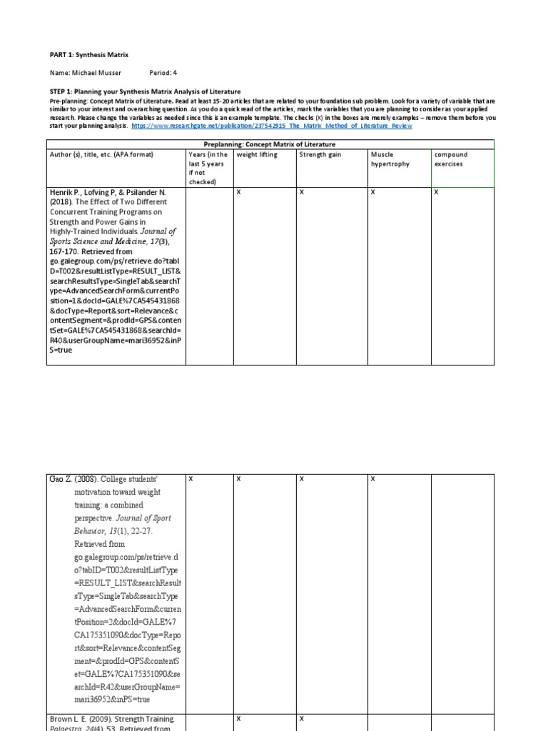 Synthesis Matrix Planning Guide | PDF | Muscle Contraction | Self Efficacy