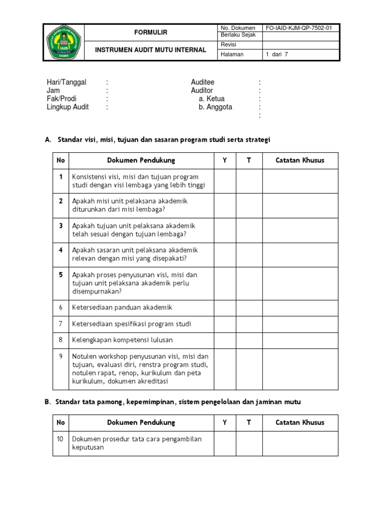 Instrumen Audit Mutu Internal KJM-IAID | PDF
