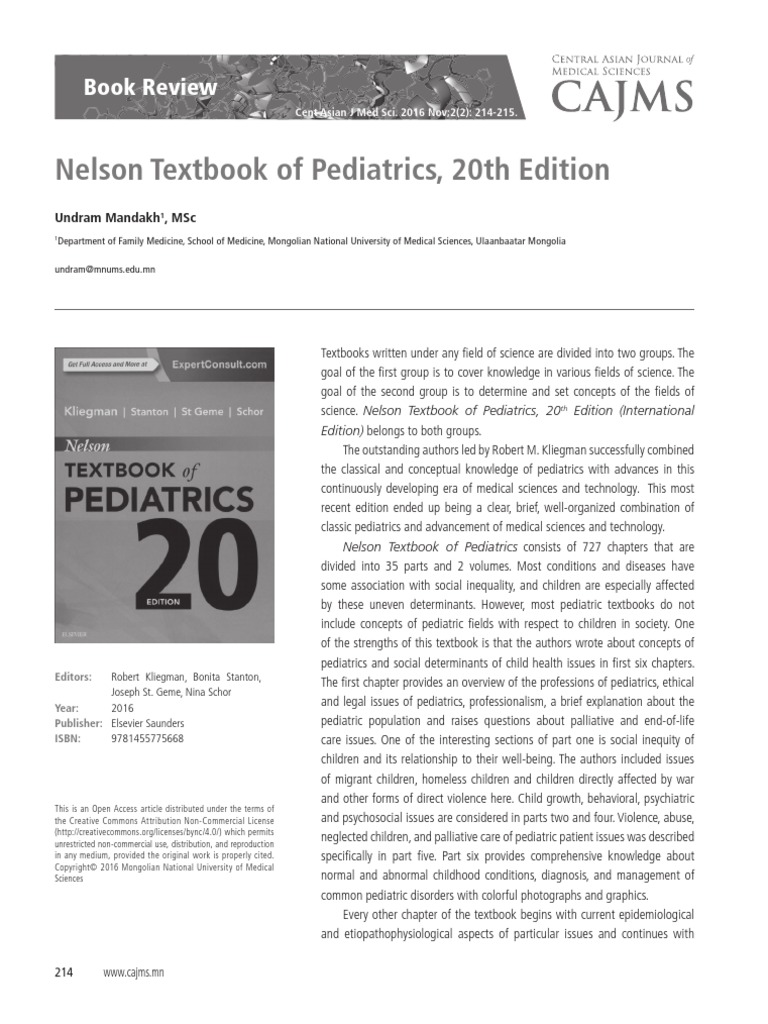 Nelson Textbook of Pediatrics, 20th Edition: Book Review | PDF ...
