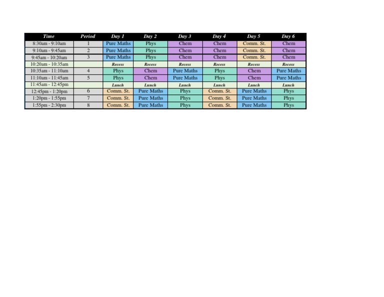 Form 6 Time Table | PDF