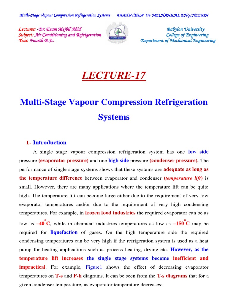 Lecture-17: Multi-Stage Vapour Compression Refrigeration Systems | PDF | Refrigeration | Heat ...