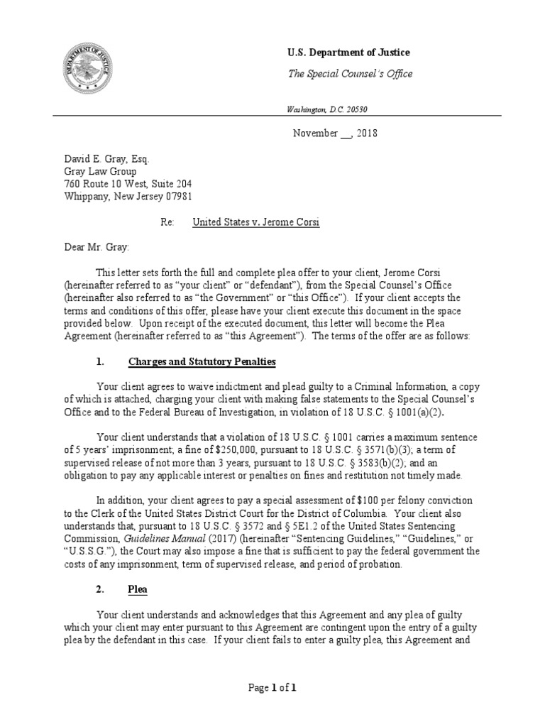 Special Council Robert Mueller Draft Plea Agreement Jerome Corsi | PDF ...