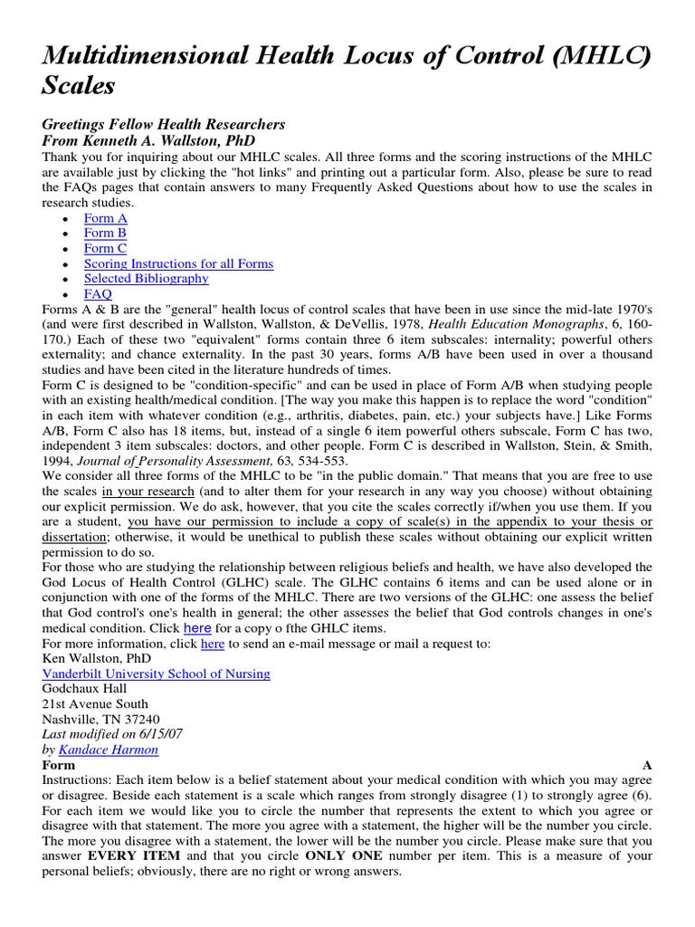 Multidimensional Health Locus of Control MHLC Scales | PDF | Luck ...