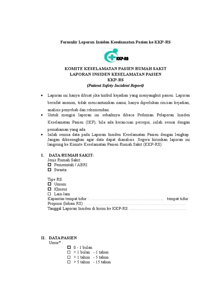 Form Laporan Insiden Keselamatan Pasien | PDF