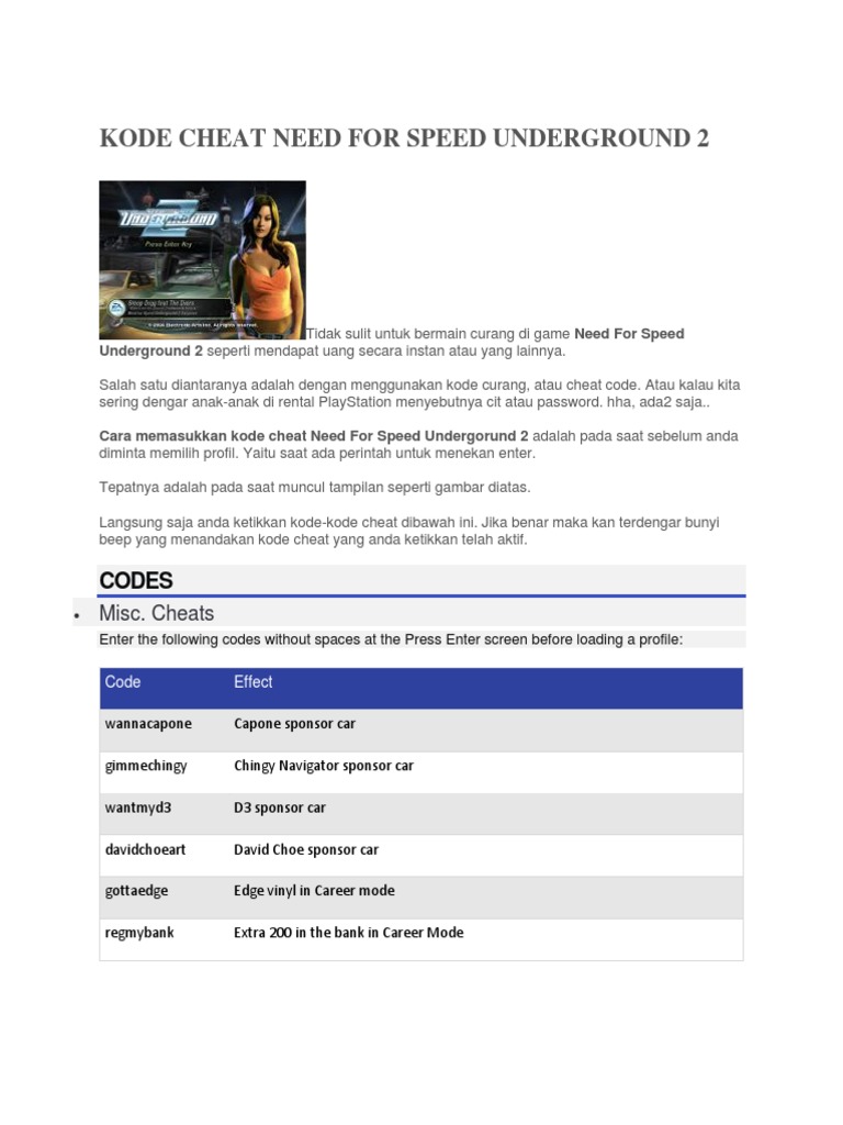 Kode Cheat Need For Speed Underground 2 | PDF | Private Transport ...
