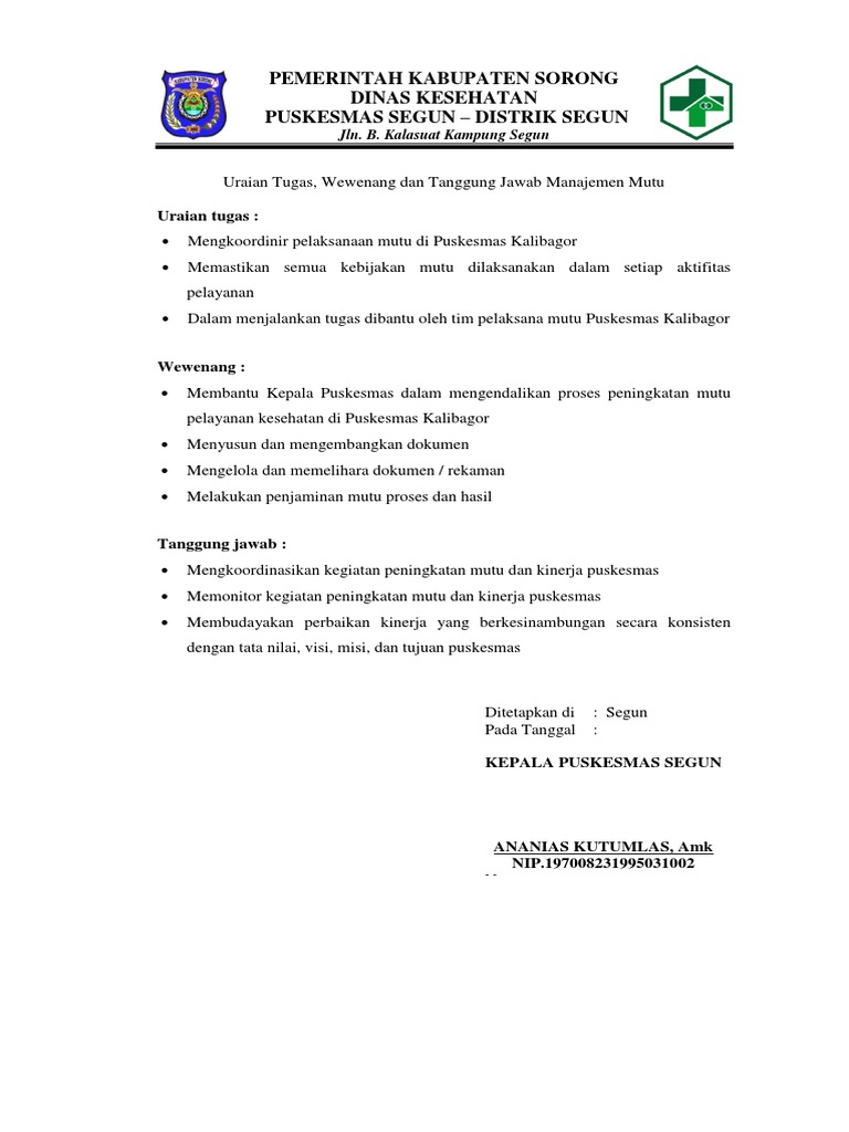 Uraian Tugas, Wewenang Dan Tanggung Jawab Manajemen Mutu | PDF Uraian Tugas, Wewenang Dan Tanggung Jawab Manajemen Mutu | PDF
