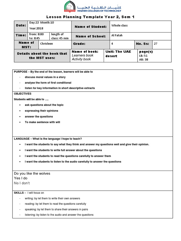 Lesson Plan 1 | PDF | Classroom Management | Lesson Plan