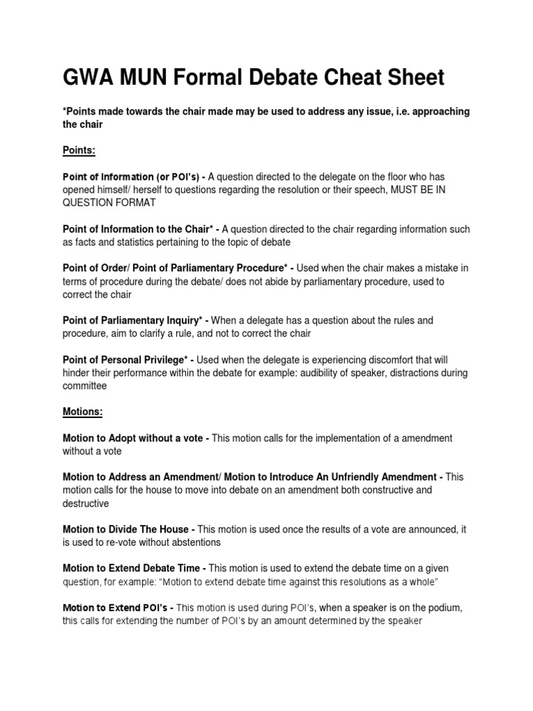 Motions Cheat Sheet Senior MUN | PDF | Political Law | Meetings