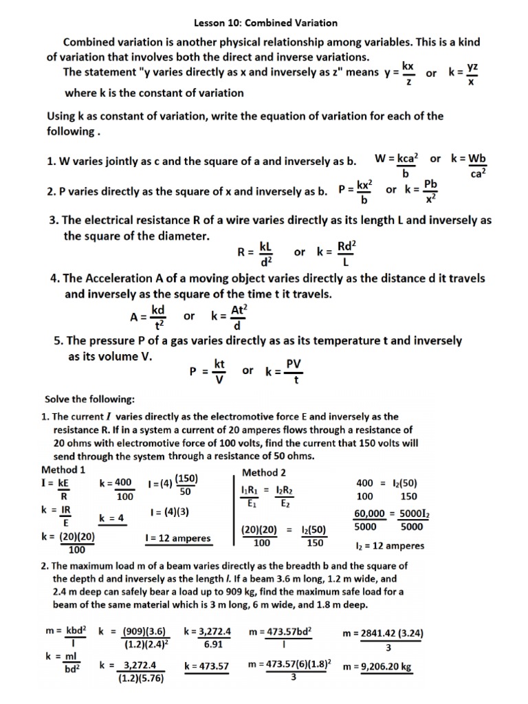 Lesson 10 Combined Variation Pdf