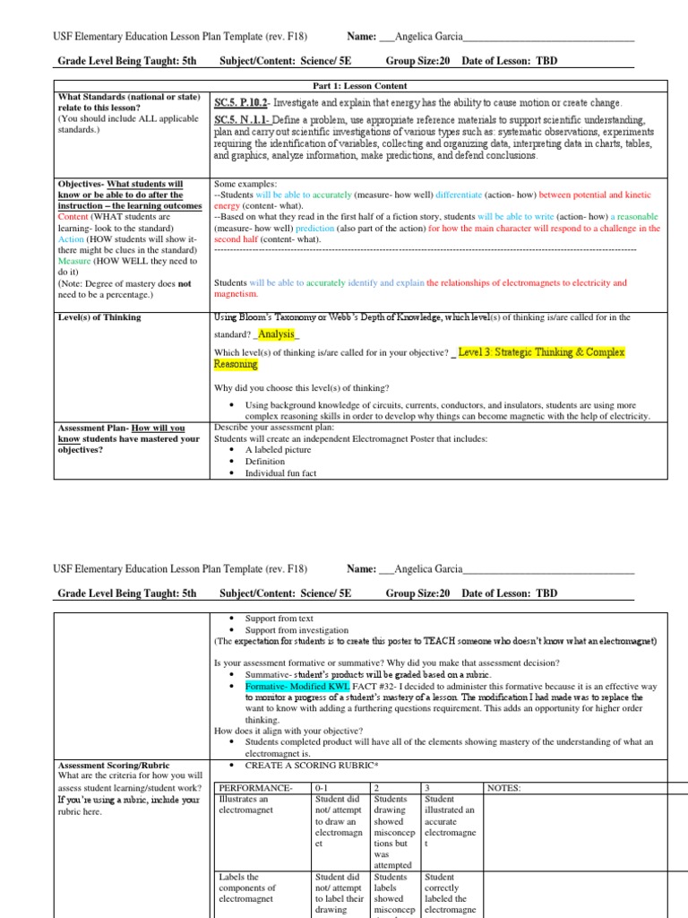 Name: - Angelica Garcia - Grade Level Being Taught: 5th Subject/Content ...
