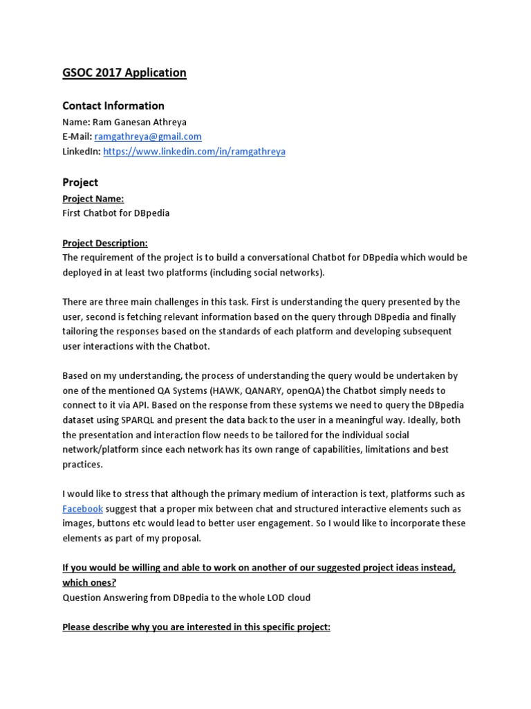 GSOC 2017 Application: Build First Chatbot for DBpedia | PDF | Internet Bot | Application ...