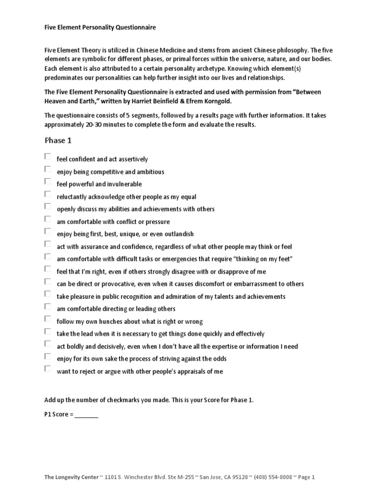 5 Elements Questionnaire | PDF | Behavioural Sciences | Psychology