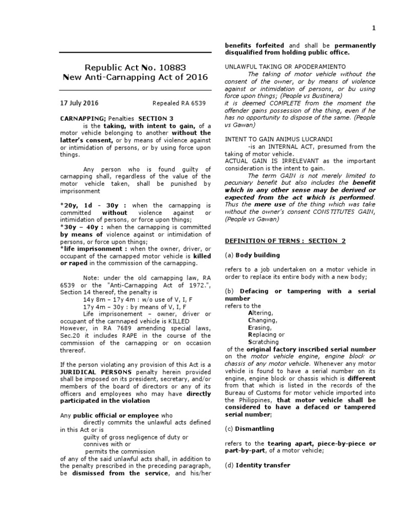 Republic Act No. 10883 New Anti-Carnapping Act of 2016: 17 July 2016 ...