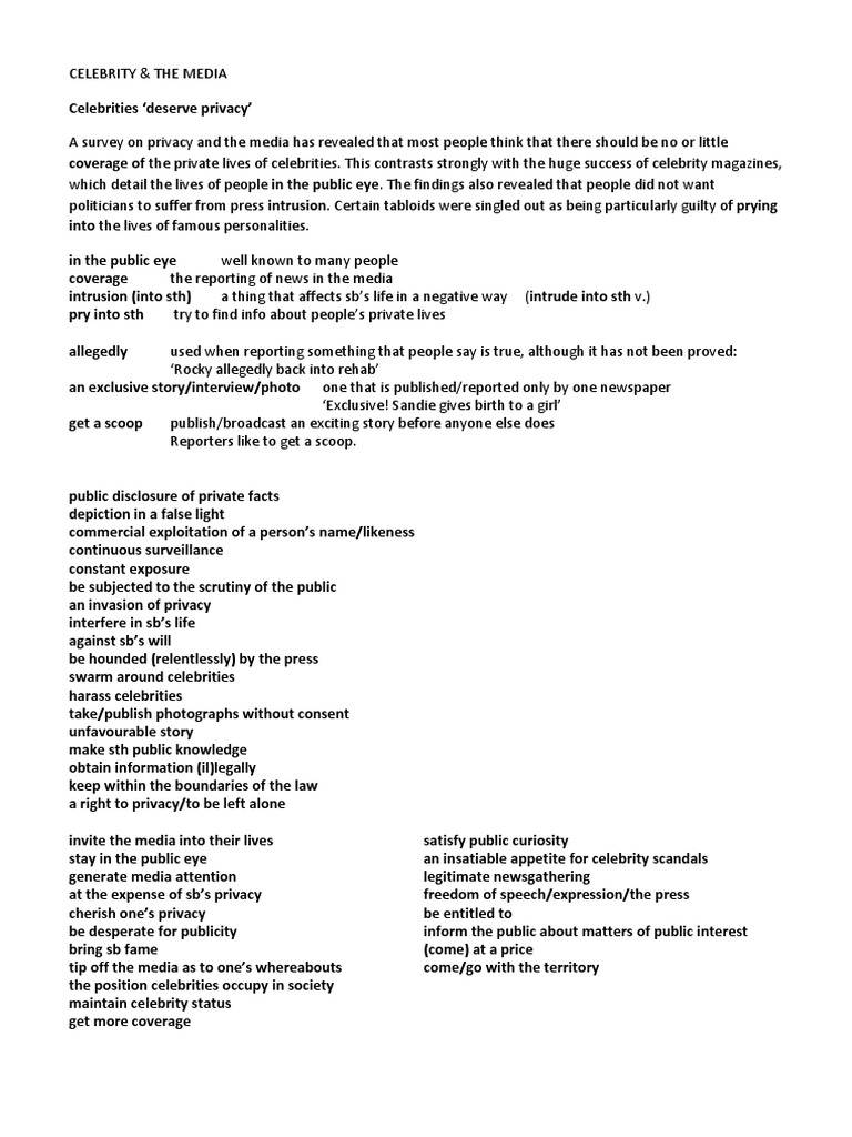 Celebrity - Vocabulary | PDF | Celebrity | Privacy