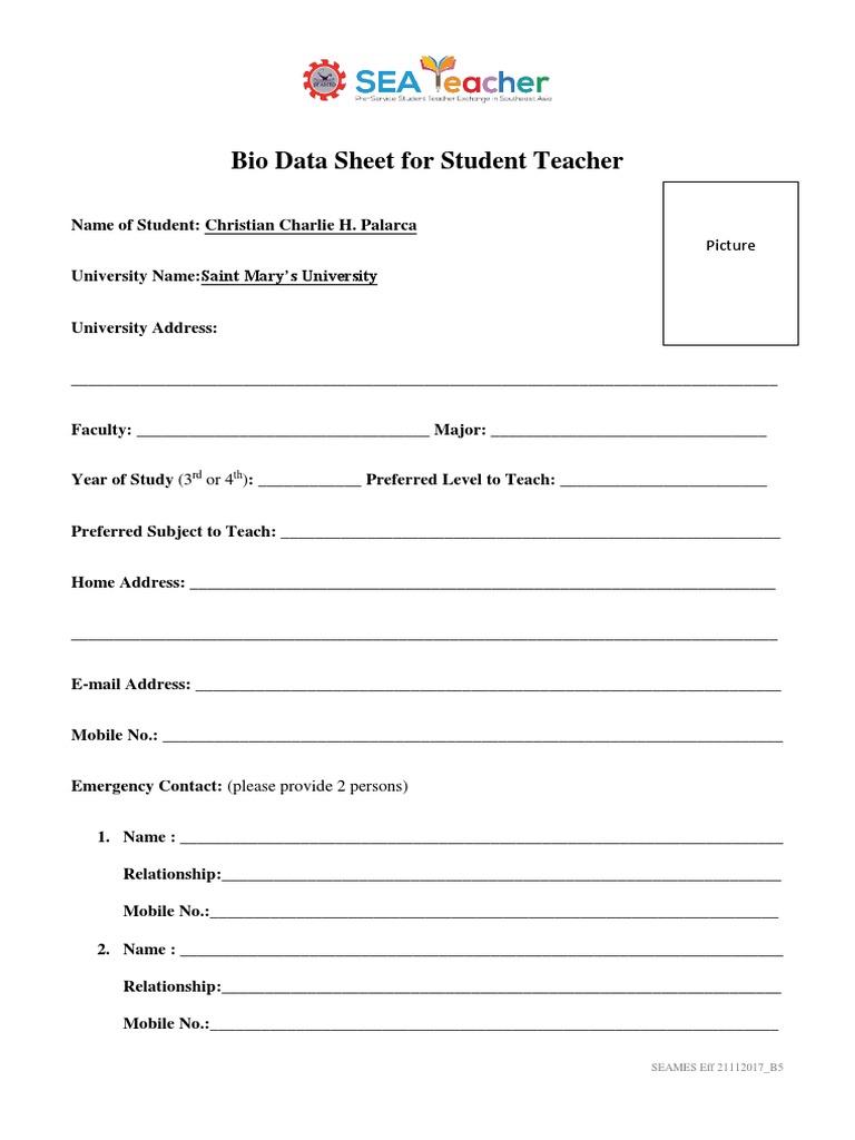 Bio Data Sheet For Student Teacher: Picture | PDF | Career & Growth