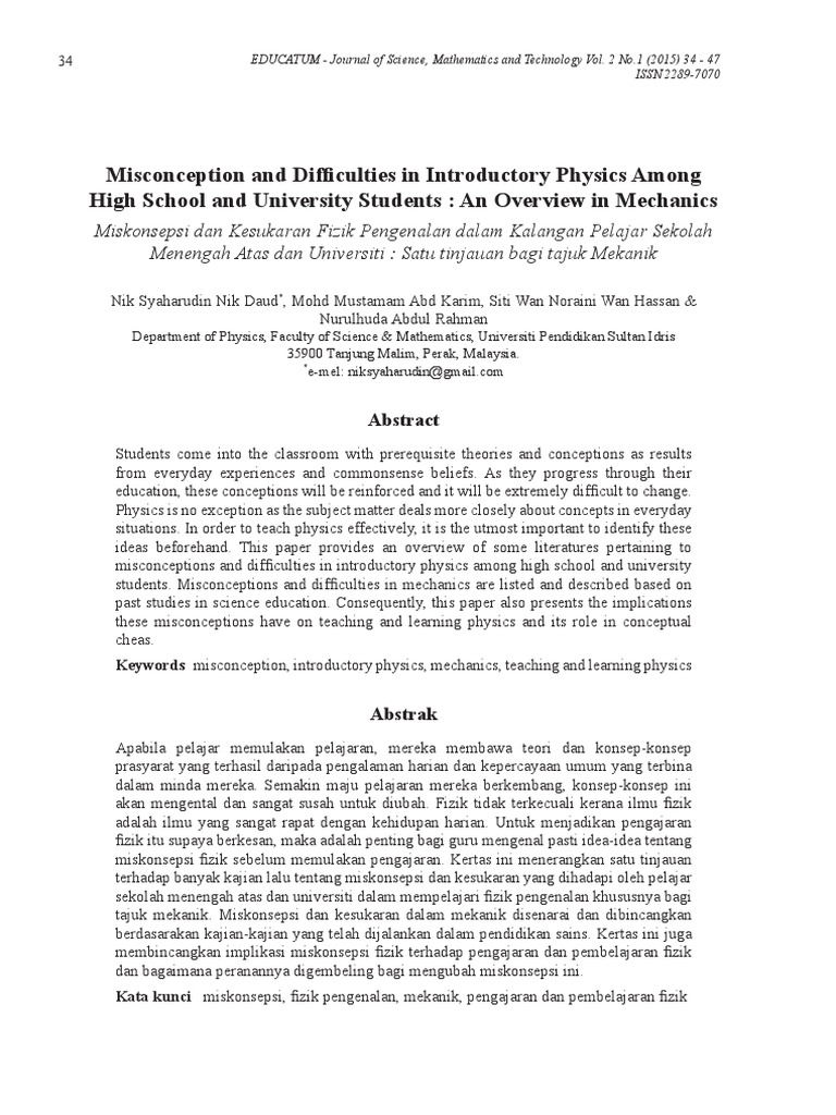 Misconception and Difficulties in Introductory Physics Among High ...