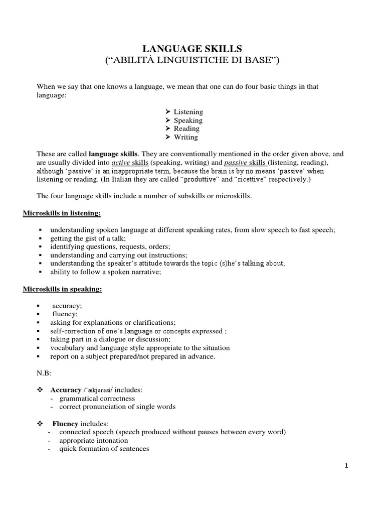 ("Abilità Linguistiche Di Base") : Language Skills | PDF | Linguistics ...