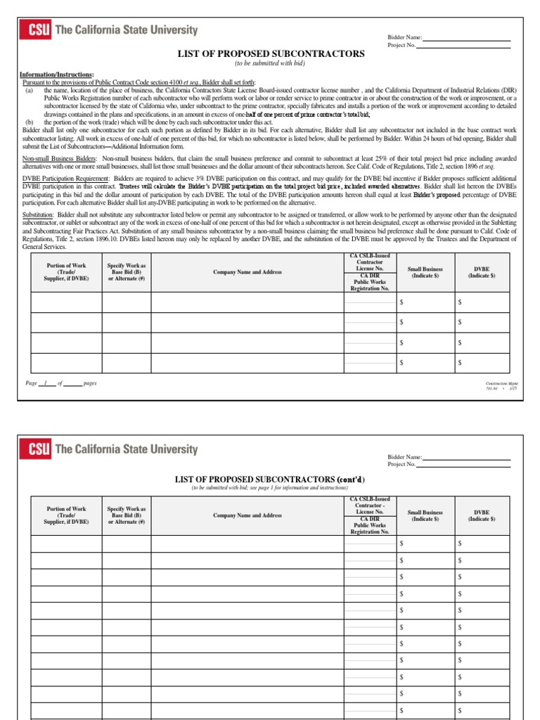 Subcontractor Listing Form | PDF | Subcontractor | General Contractor